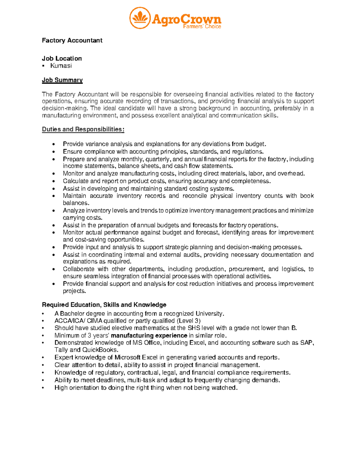 Job Overview - Factory Accountant Position at Kumasi - Studocu