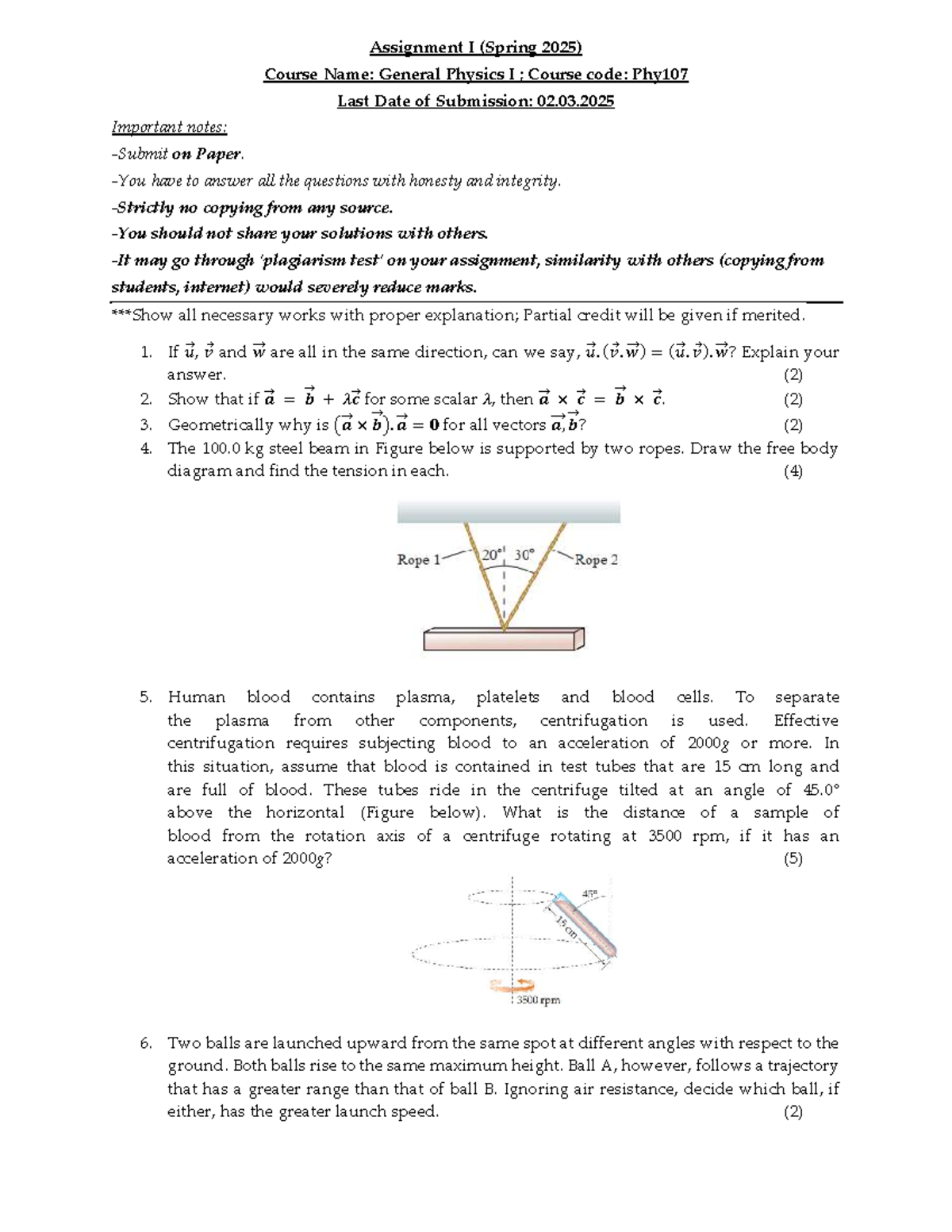 Phy107 Assignment I: General Physics I Important Guidelines & Questions ...