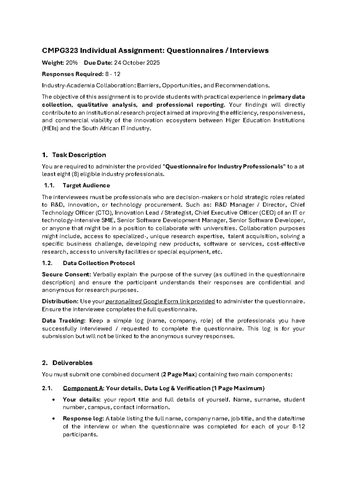 CMPG323 Individual Assignment: Questionnaire Interviews Report - Studocu