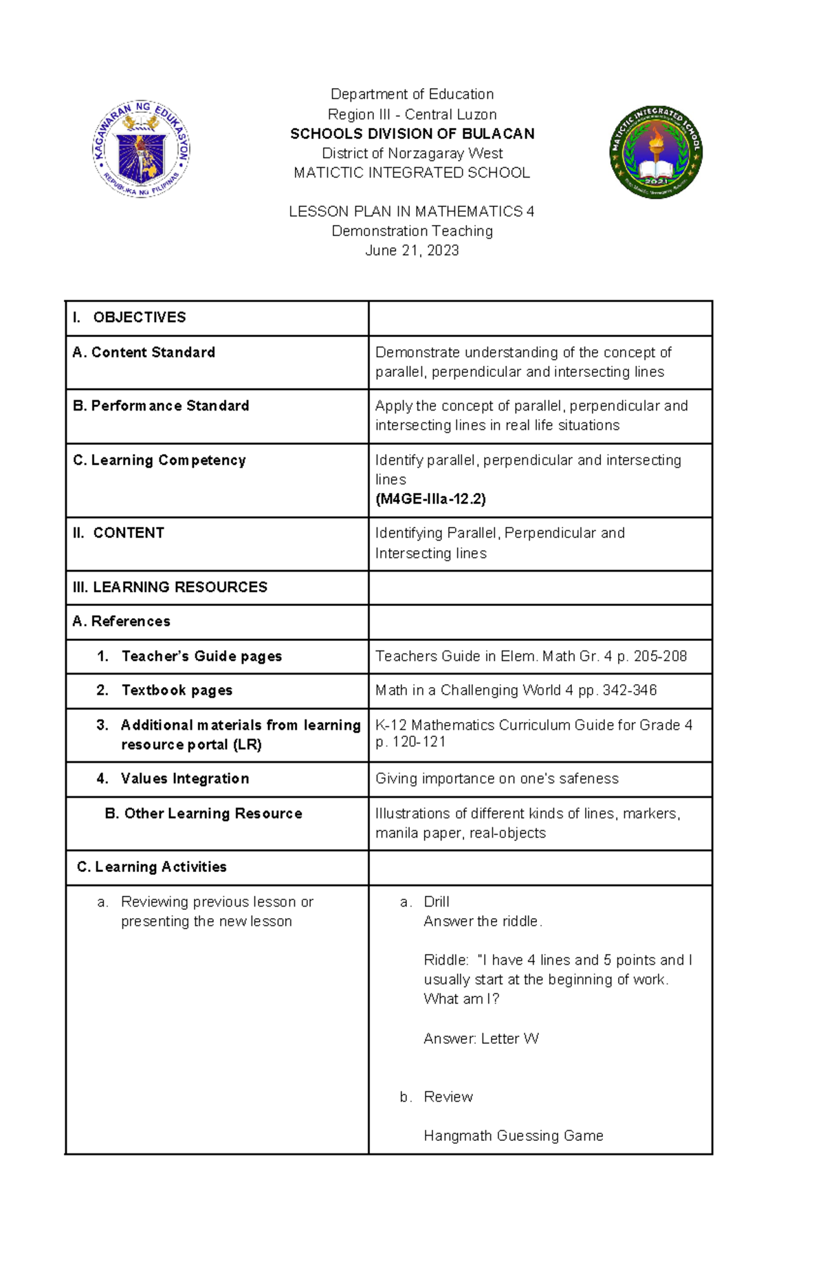 Lesson Plan for Math 4: Exploring Types of Lines (M4GE-IIIa-12.2) - Studocu