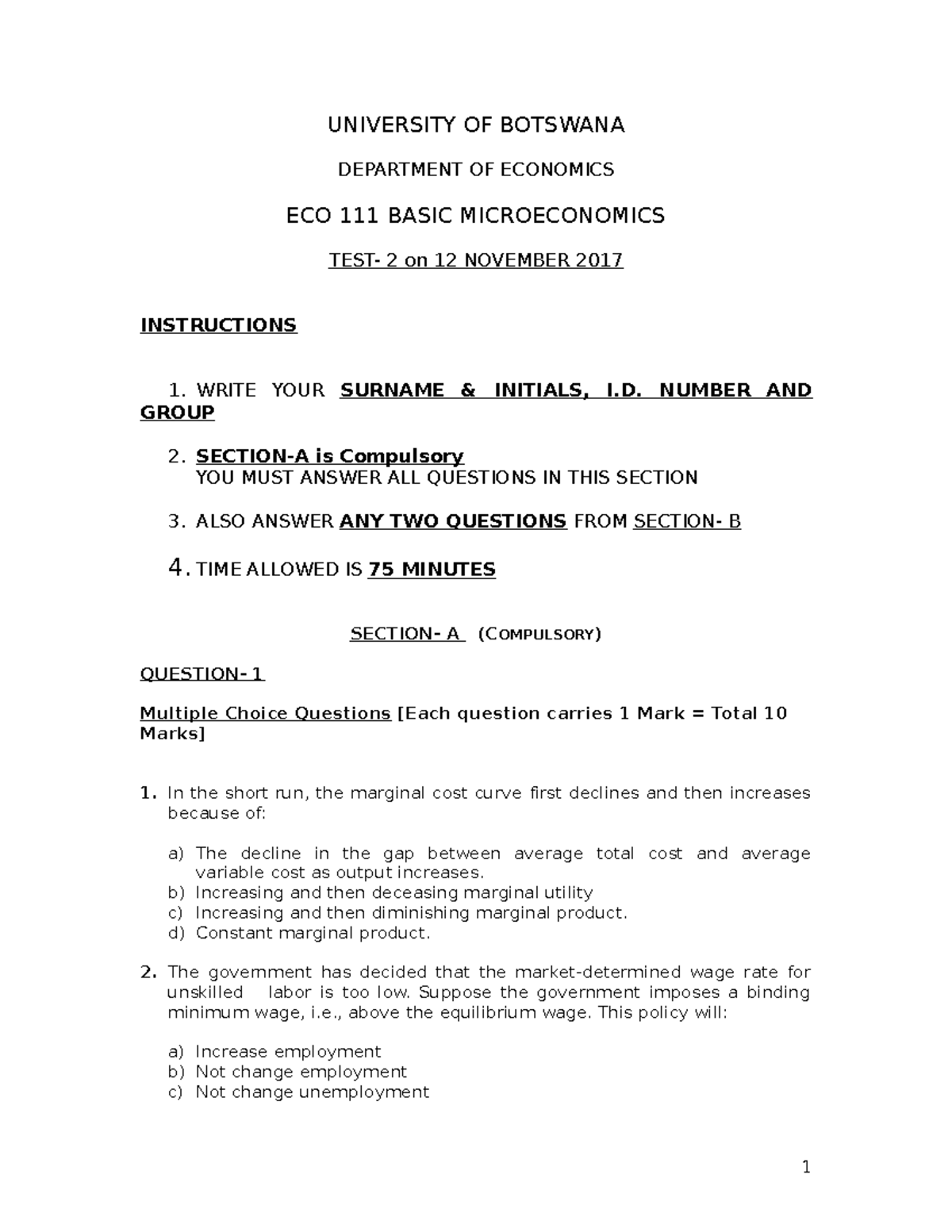ECO 111 - Sample Test 2 Questions & Answers for Basic Microeconomics ...