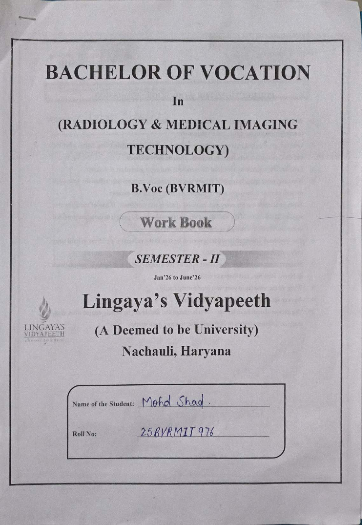 B.Voc (BVRMIT) Semester II Workbook for Radiology Medical Imaging - Studocu