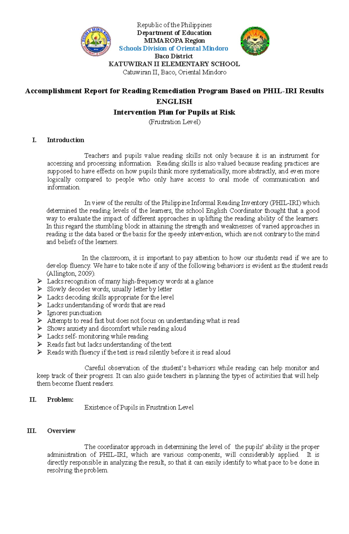 Intervention on PHIL IRI Assessment - Republic of the Philippines ...