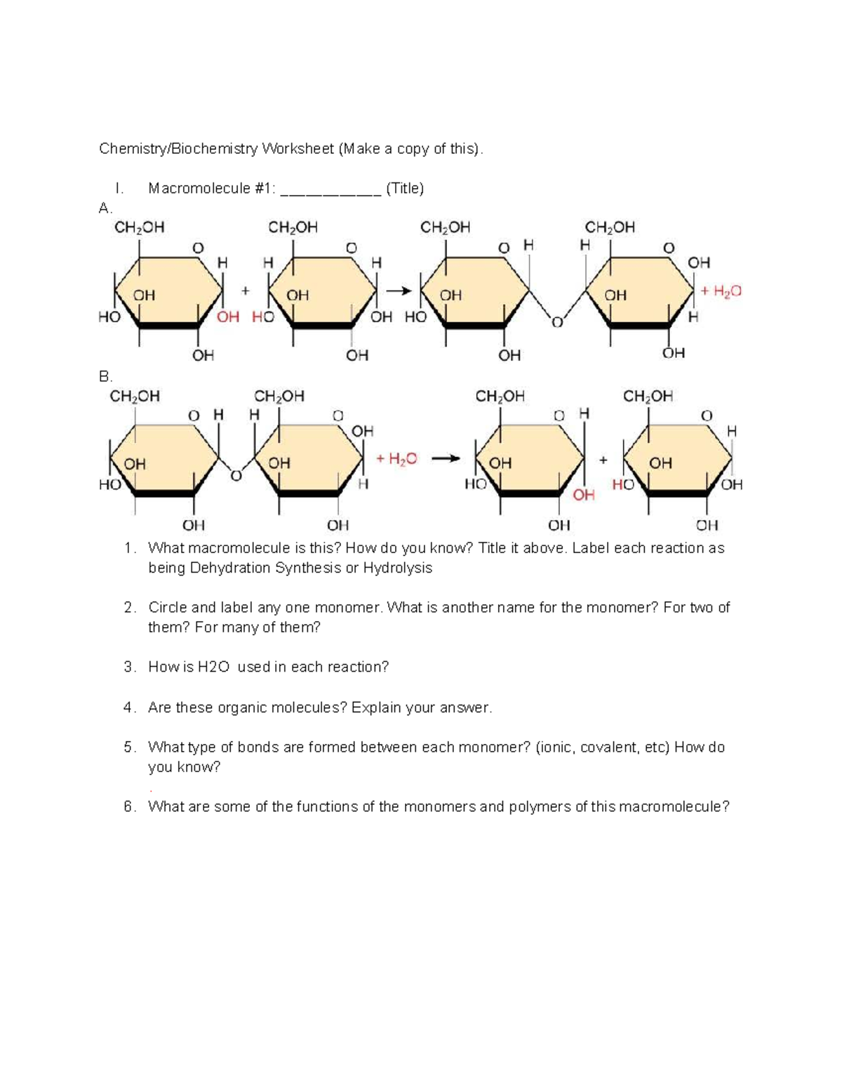 Biochemistry Worksheet: Macromolecules & Their Functions - Studocu