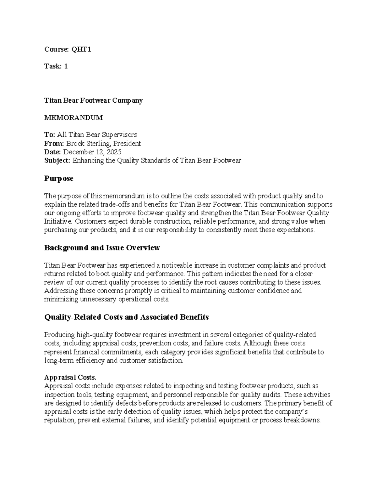 QHT1 Task 1: Memo on Enhancing Quality Standards at Titan Bear Footwear ...