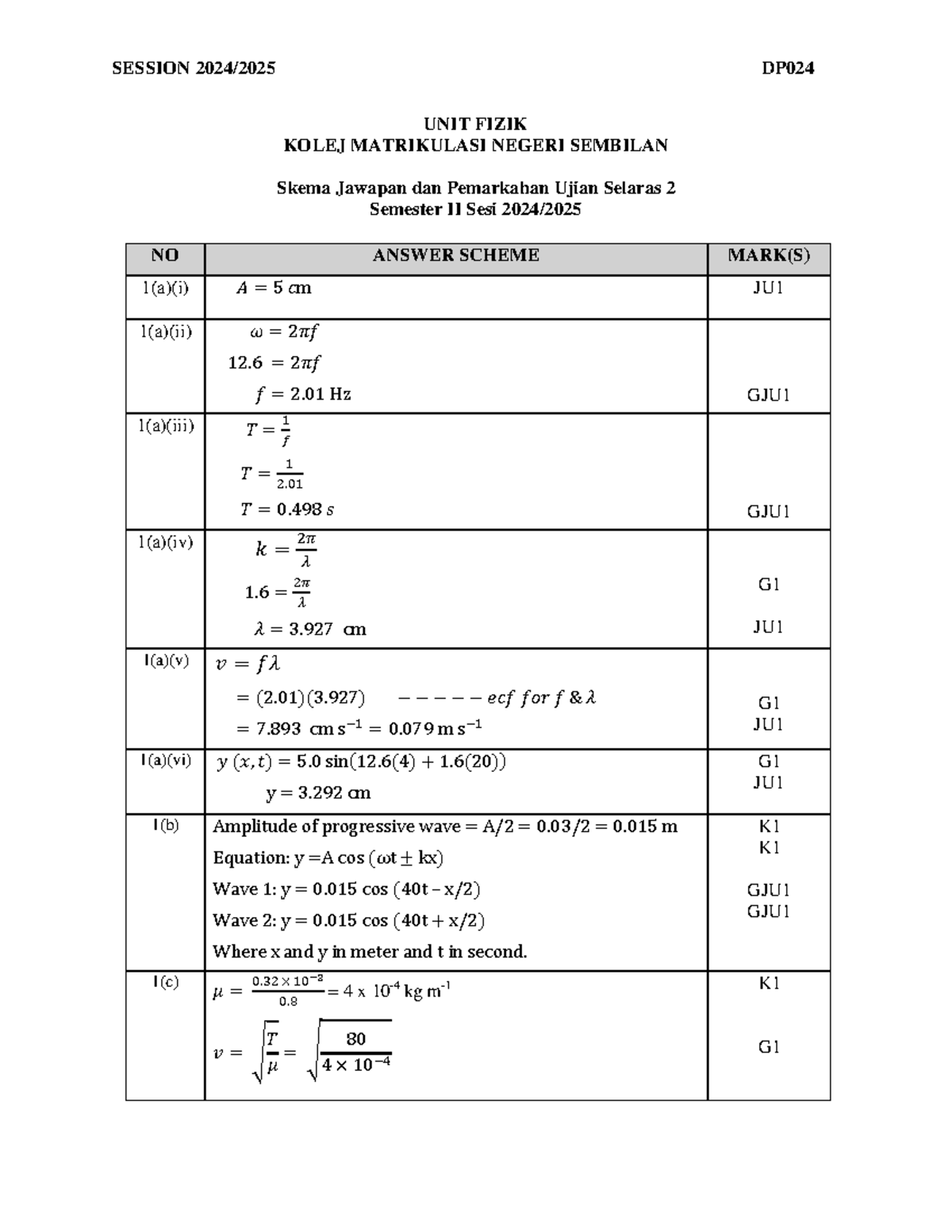 Skema Jawapan Ujian Selaras 2 Fizik DP024 Kolej Matrikulasi - Studocu