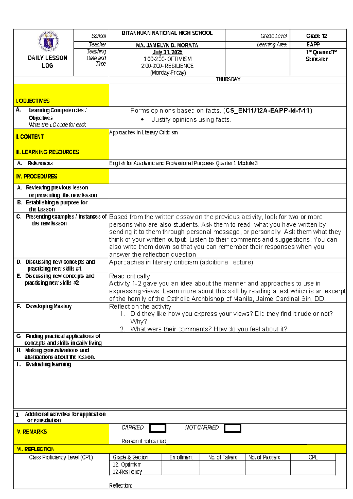 Grade 12 EAPP Daily Lesson Log: Approaches in Literary Criticism - Studocu