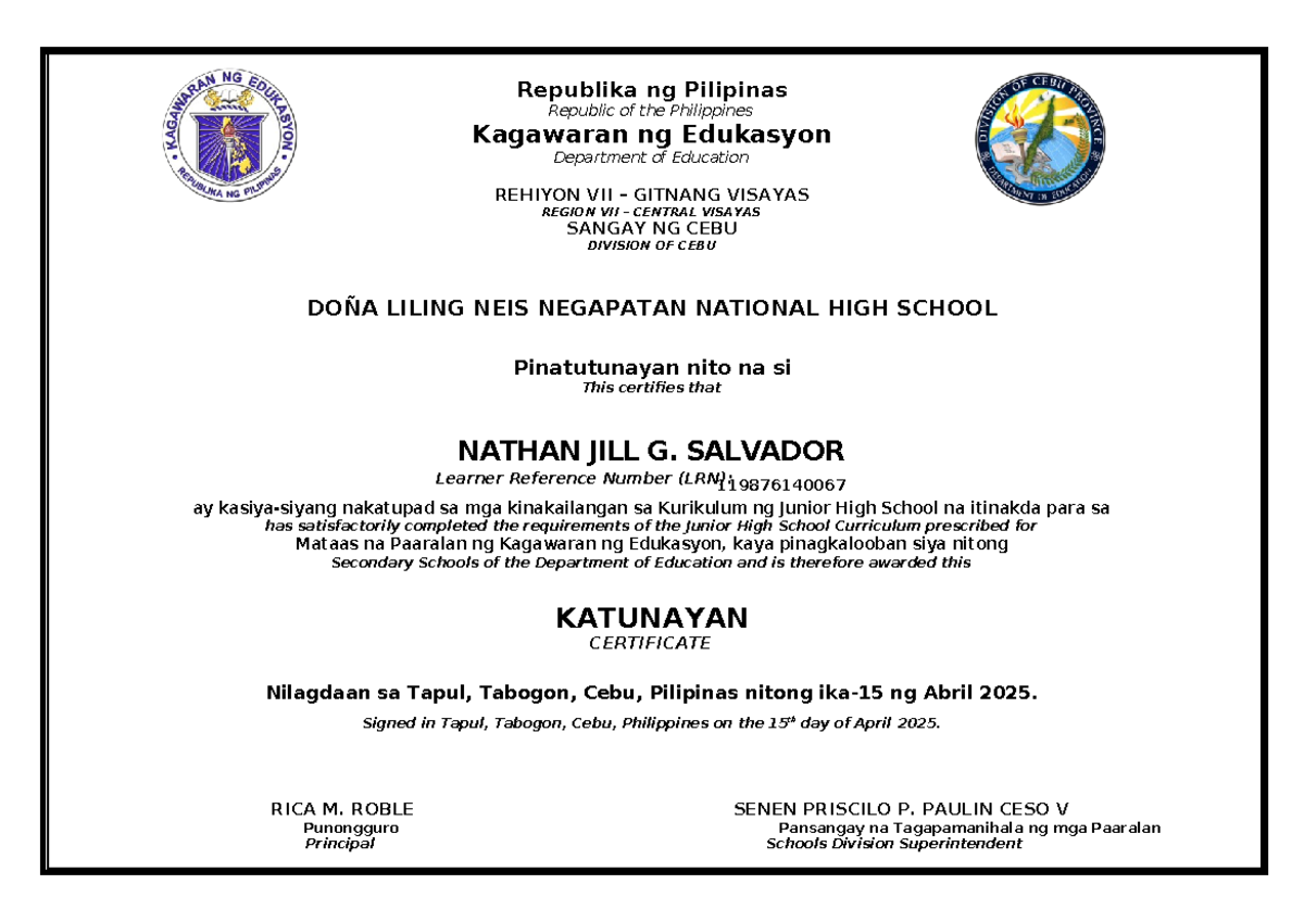 JHS - Diploma 2025b - Republika ng Pilipinas Republic of the ...