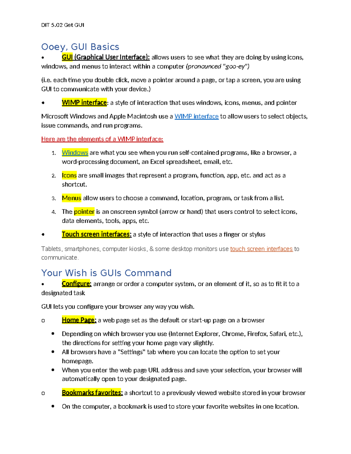 DIT 5.02 Final Exam Notes: Understanding GUI Basics and WIMP Interface ...