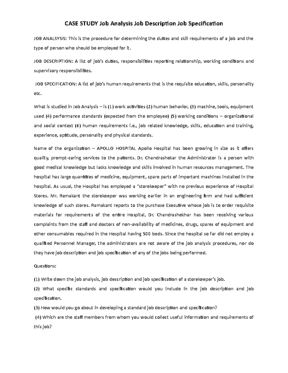 CASE Study: Job Analysis, Description, & Specification Overview - Studocu