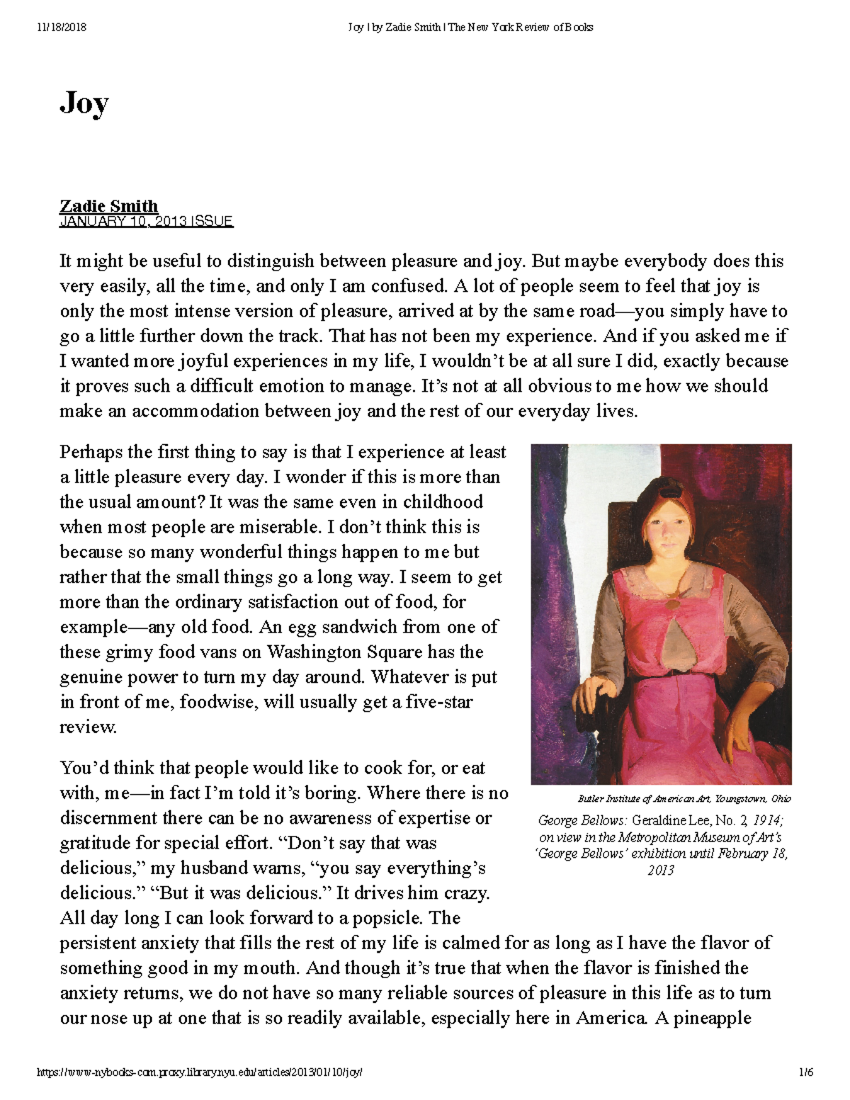 "Essay Notes on 'Joy' by Zadie Smith – NYRB Article Analysis" - Studocu