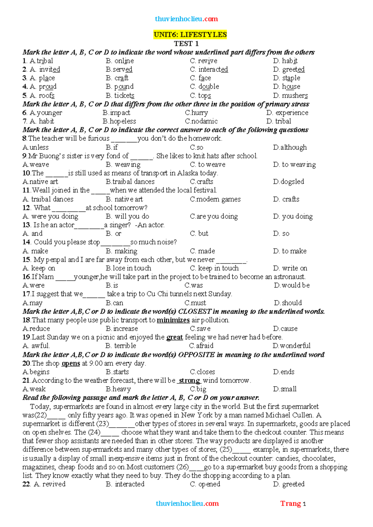 UNIT 6: LIFESTYLES TEST 1 - English Language Practice - Studocu