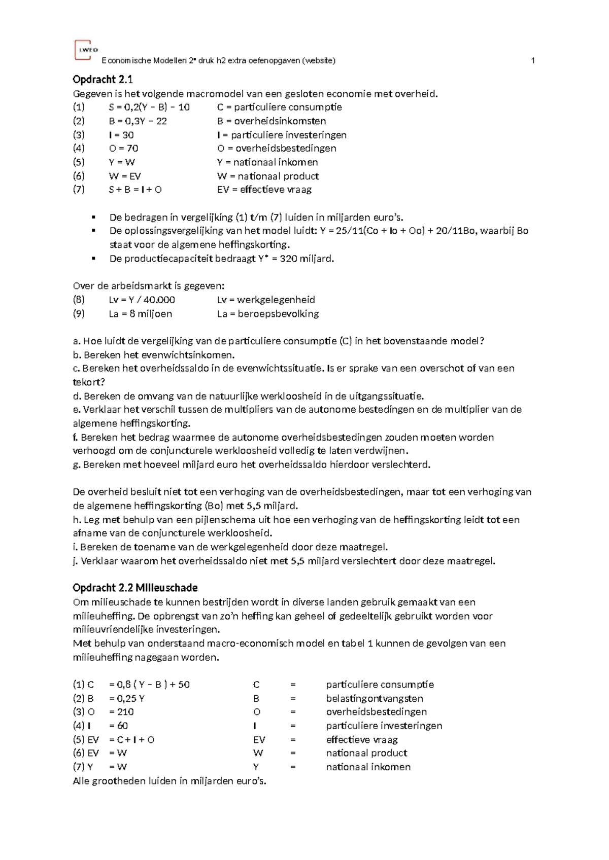 Economische Modellen 2e druk H2 Extra Oefenopgaven en Antwoorden ...