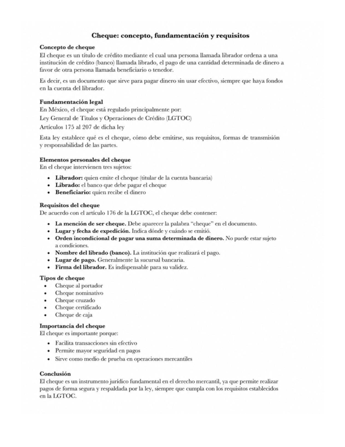 Cheque: Concepto, Fundamentación y Requisitos en el Derecho Mercantil ...