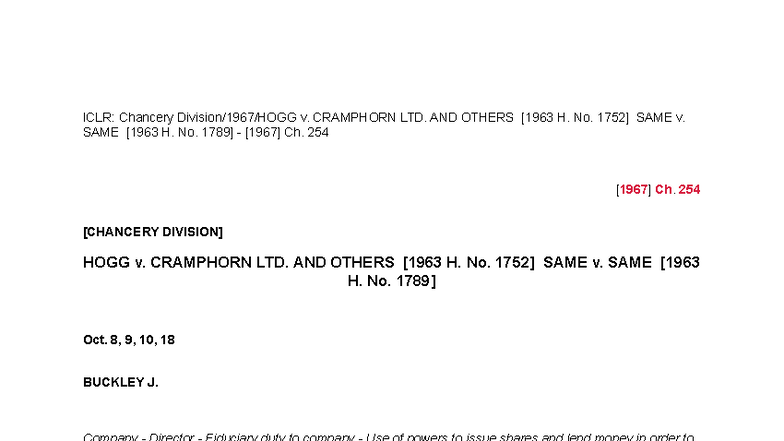 Hogg v Cramphorn - ICLR: Chancery Division/1967/HOGG v. CRAMPHORN LTD ...