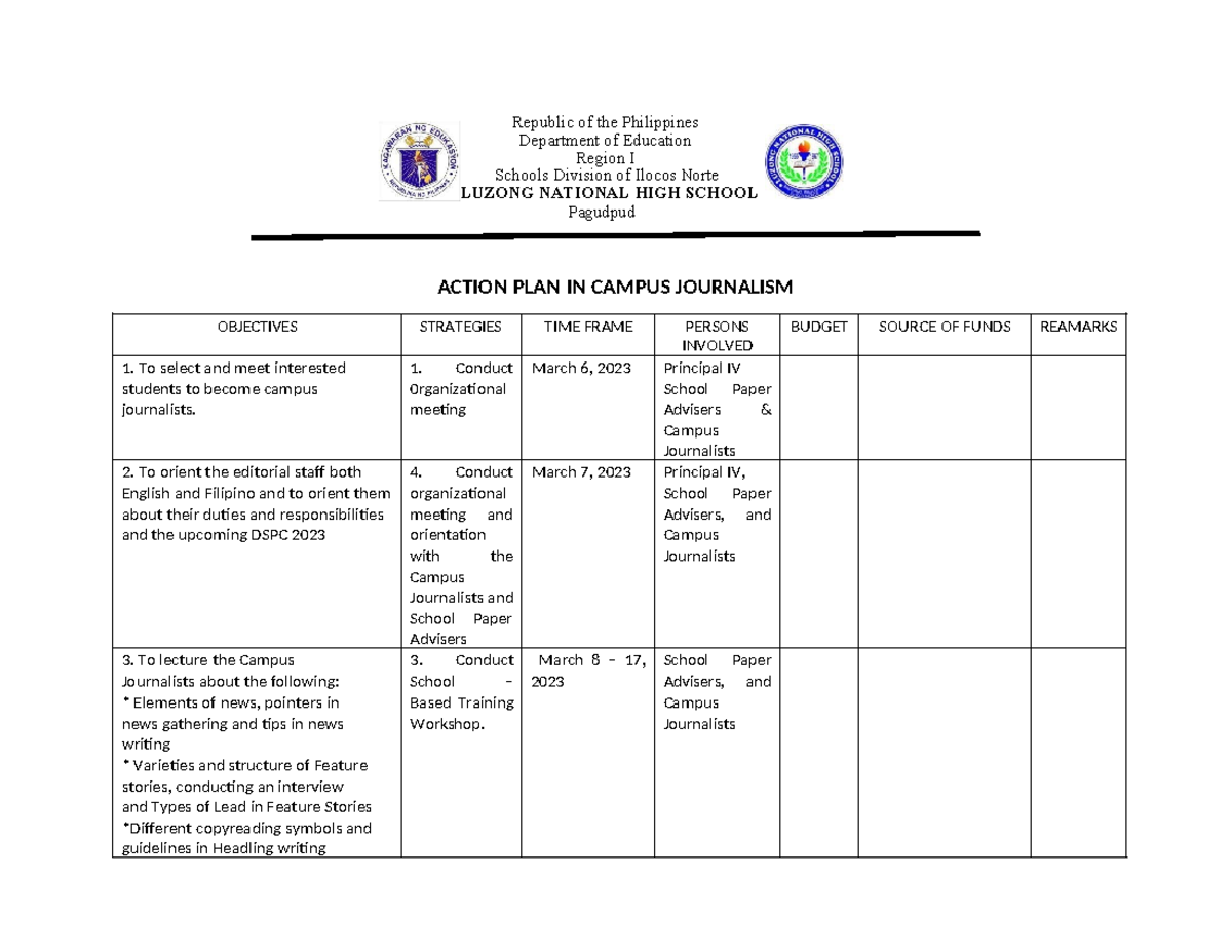 Action Plan for Campus Journalism - Luzong National HS - Studocu