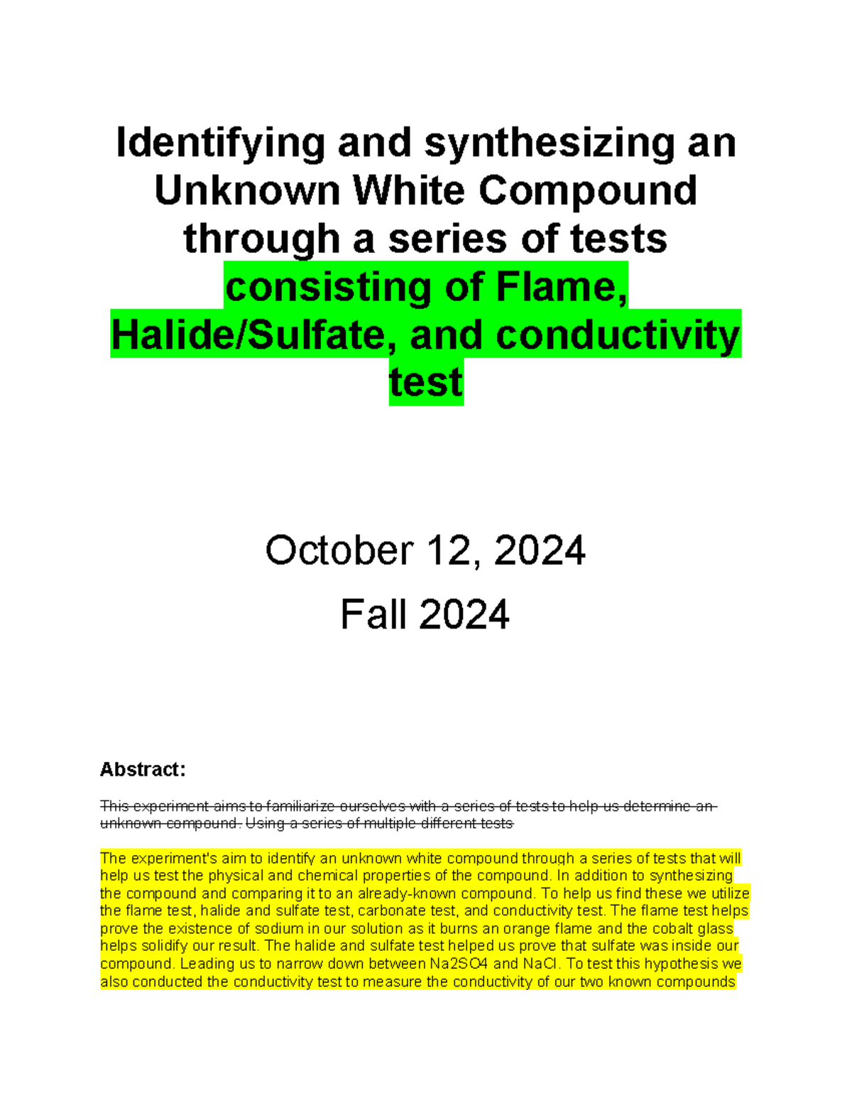 UWC Lab Report: Identifying Unknown White Compound via Tests and ...