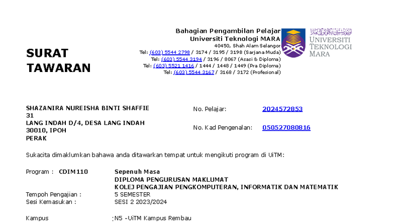 Surat Tawaran Pelajar CDIM110 - UiTM Rembau - Studocu