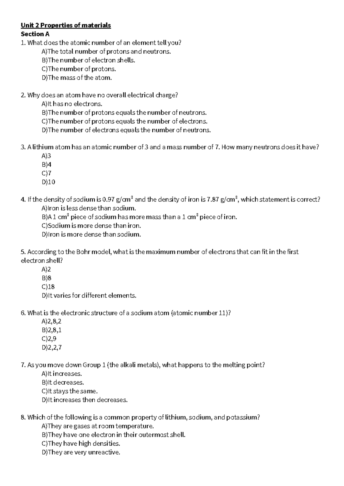 Y9 Unit 2 Properties of Materials Quiz: Atomic Structure & Trends - Studocu