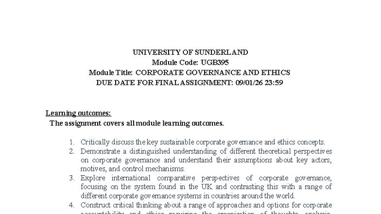 UGB395 Assignment Brief - UNIVERSITY OF SUNDERLAND Module Code: UGB ...