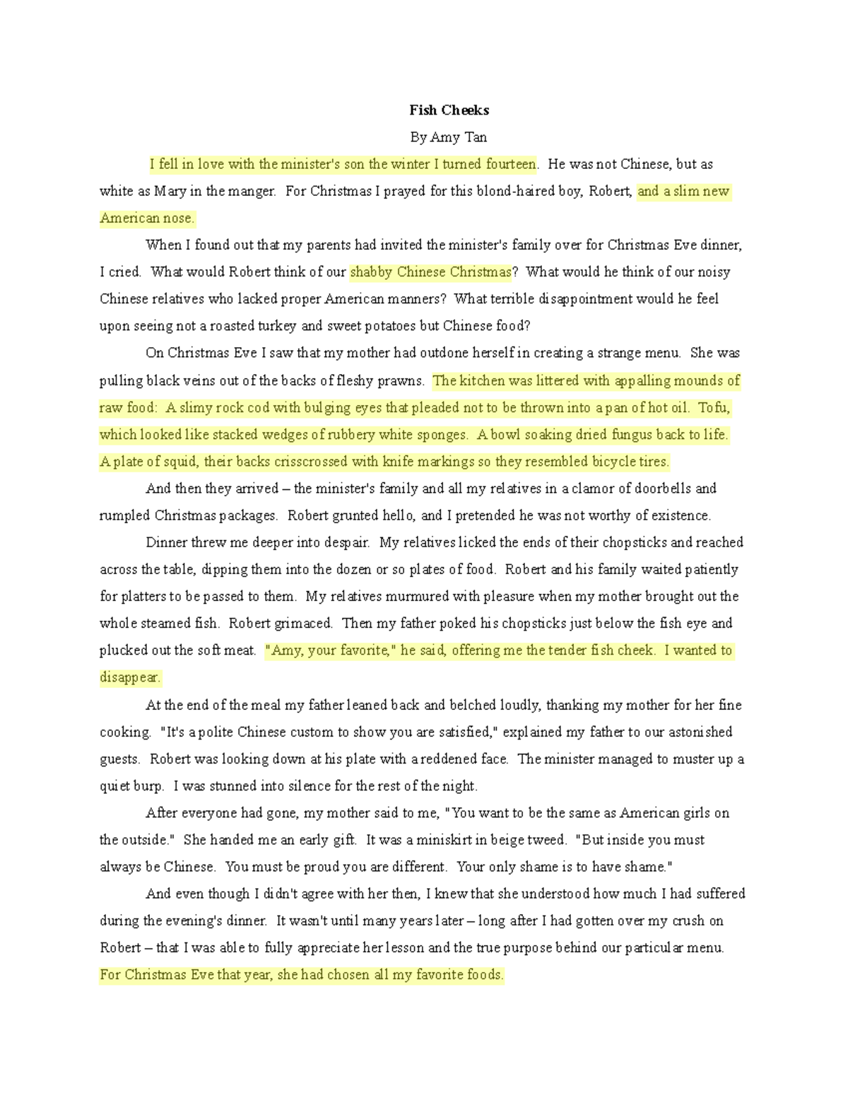 ENG-101 Essay Notes: Analyzing "Fish Cheeks" by Amy Tan - Studocu