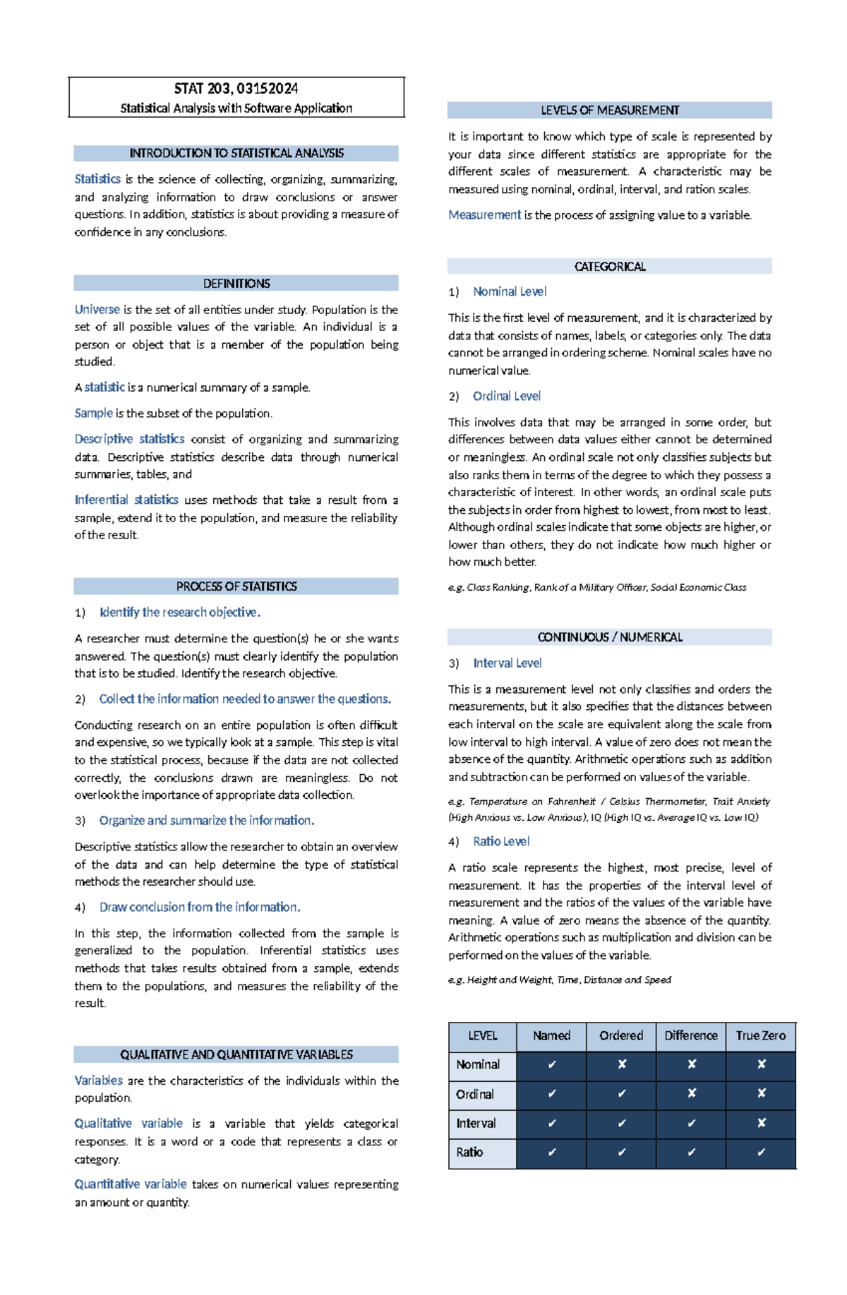 STAT 203 Statistical Analysis: Key Concepts and Definitions - Studocu