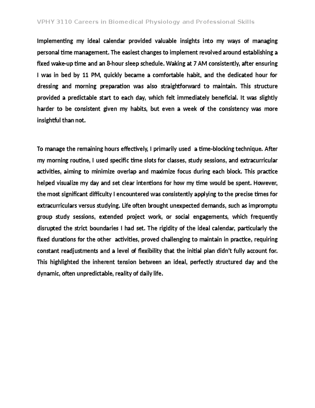 VPHY 3110 Time Management Reflection: Balancing Ideal vs. Reality - Studocu