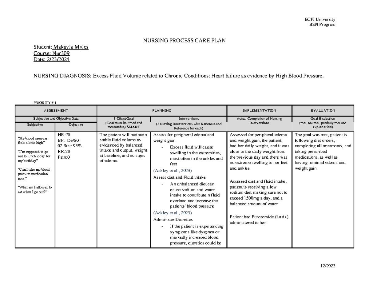 BSN Care Plan Example - NURSING PROCESS for Excess Fluid Volume - Studocu