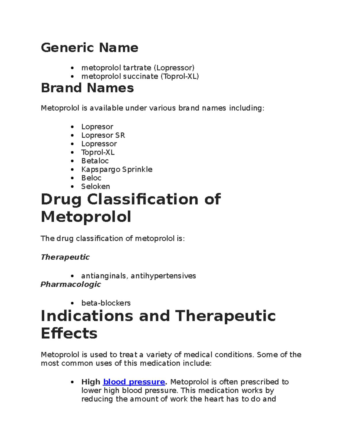 Metoprolol Drug Study: Uses, Effects, Dosage, and Interactions - Studocu