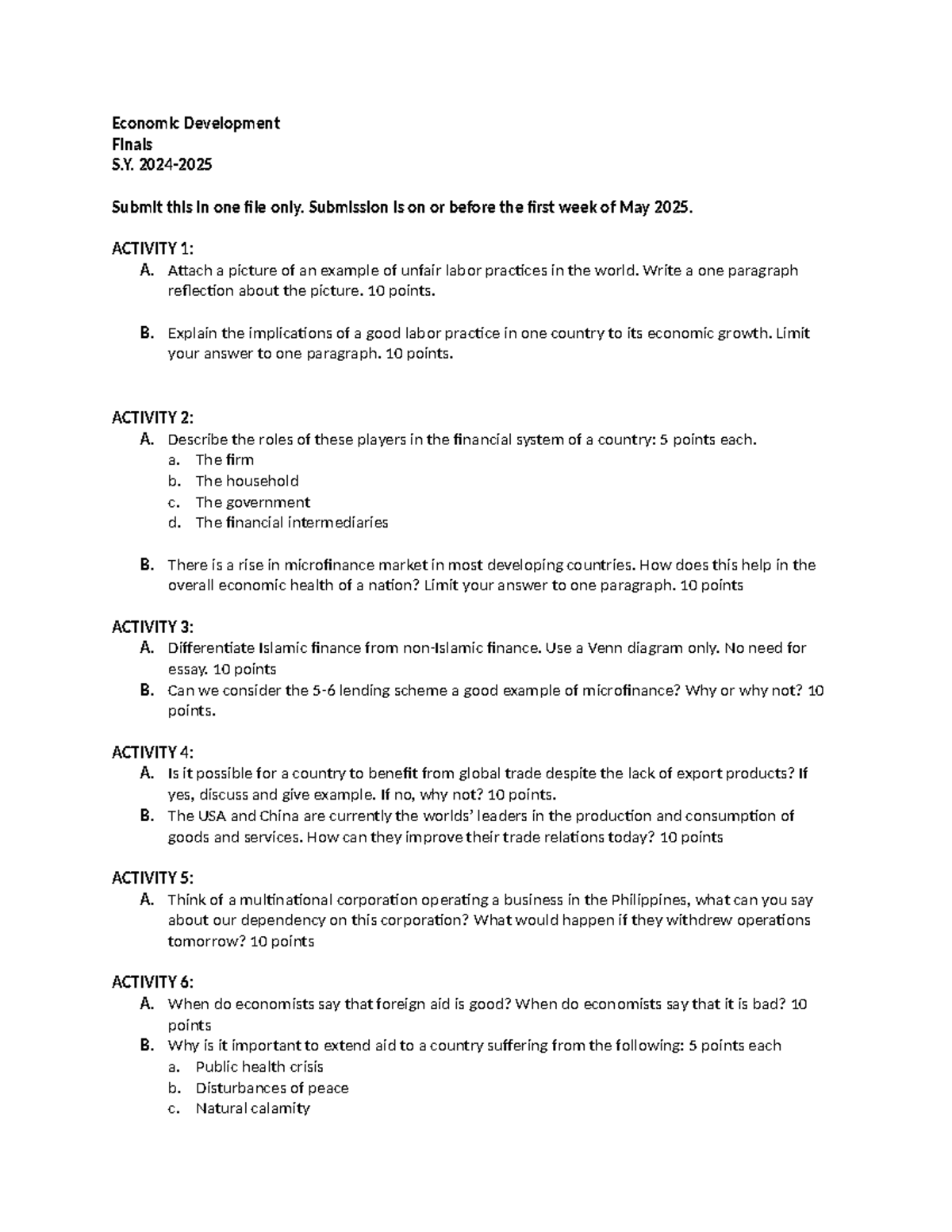 ED 101: Economic Development Finals Activities S.Y. 2025 - Studocu