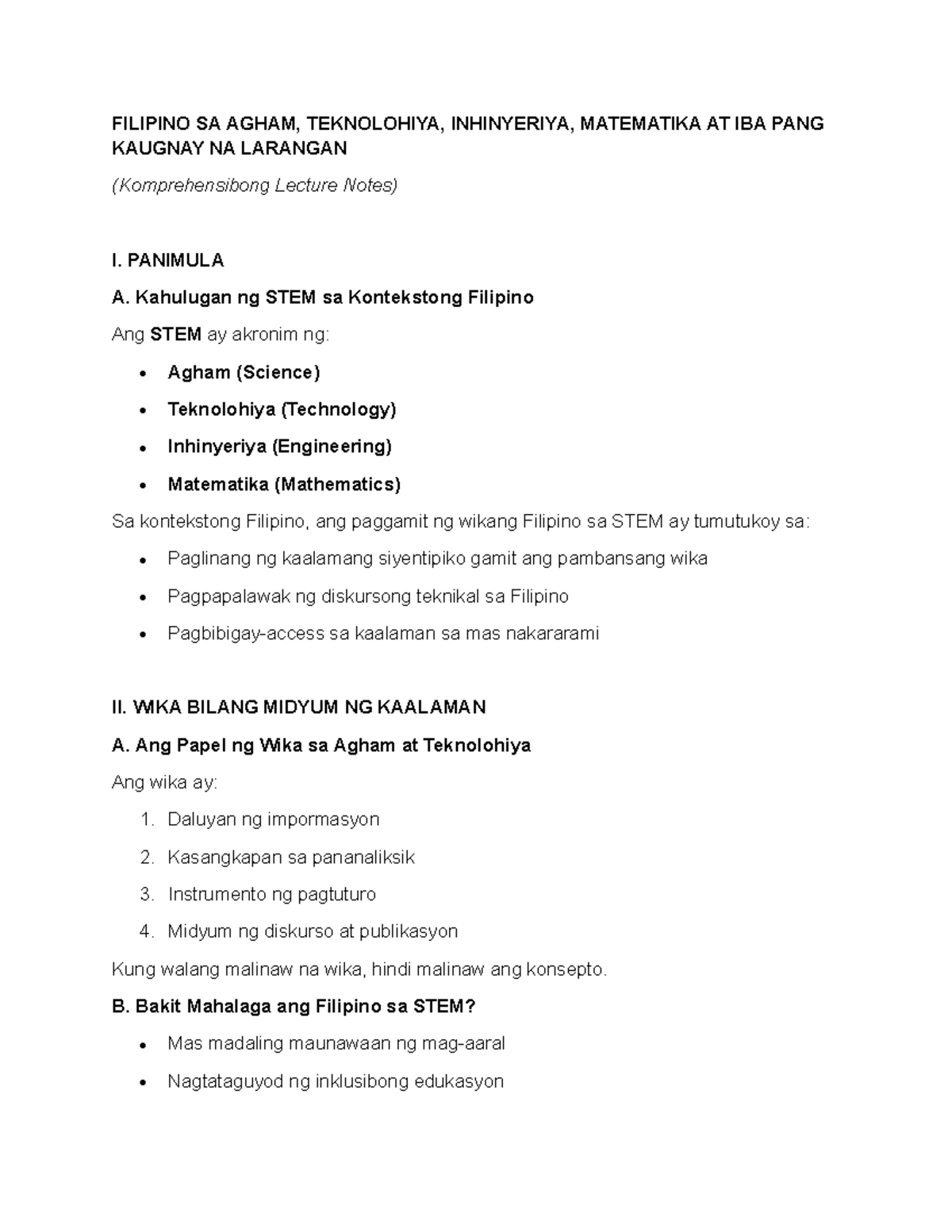 FIL 102: Komprehensibong Lecture Notes sa Filipino sa STEM - Studocu