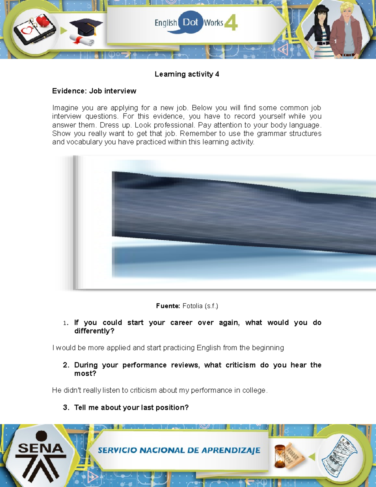 Job interview - Learning activity 4 Evidence: Job interview Imagine you ...