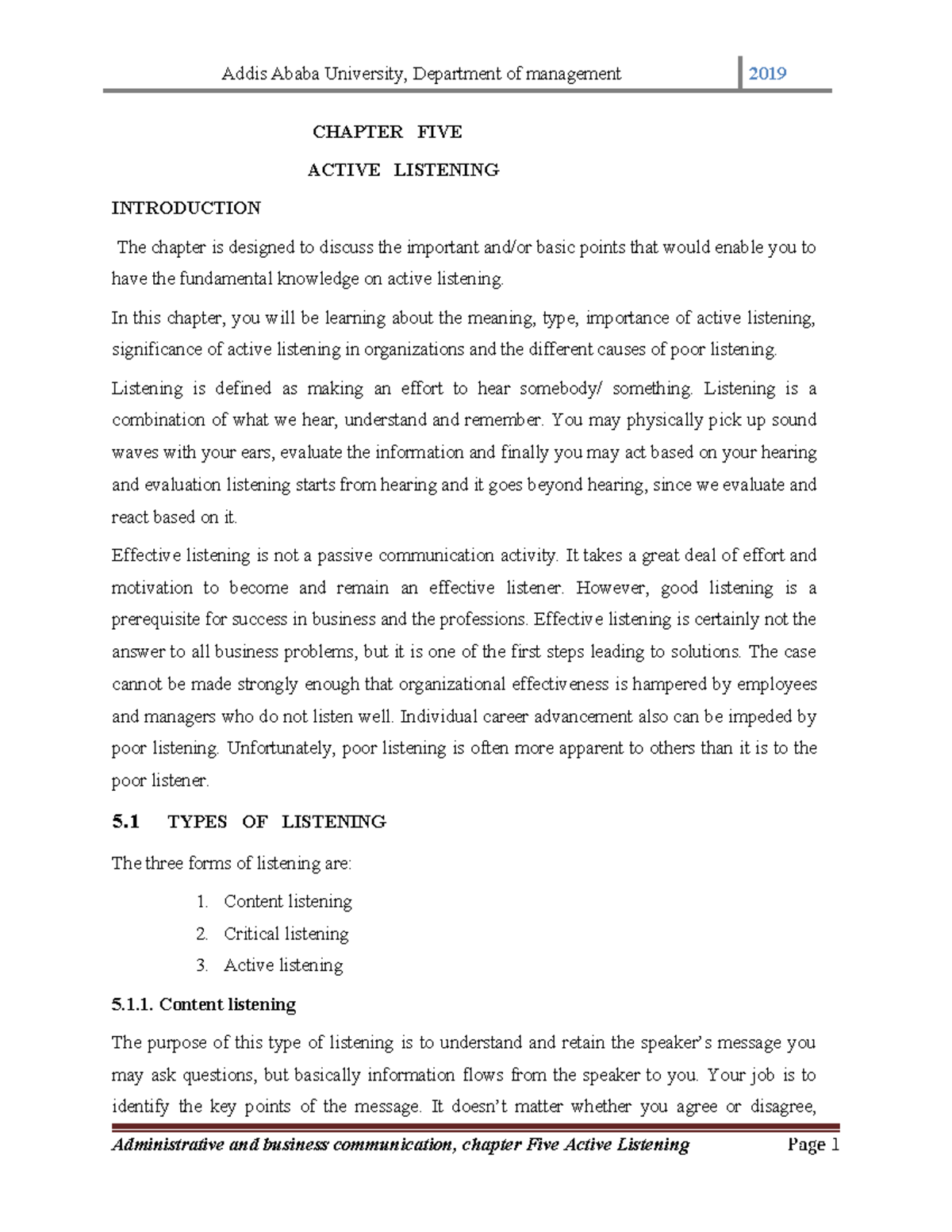 ABC Chapter 5 - Best - CHAPTER FIVE ACTIVE LISTENING INTRODUCTION The ...