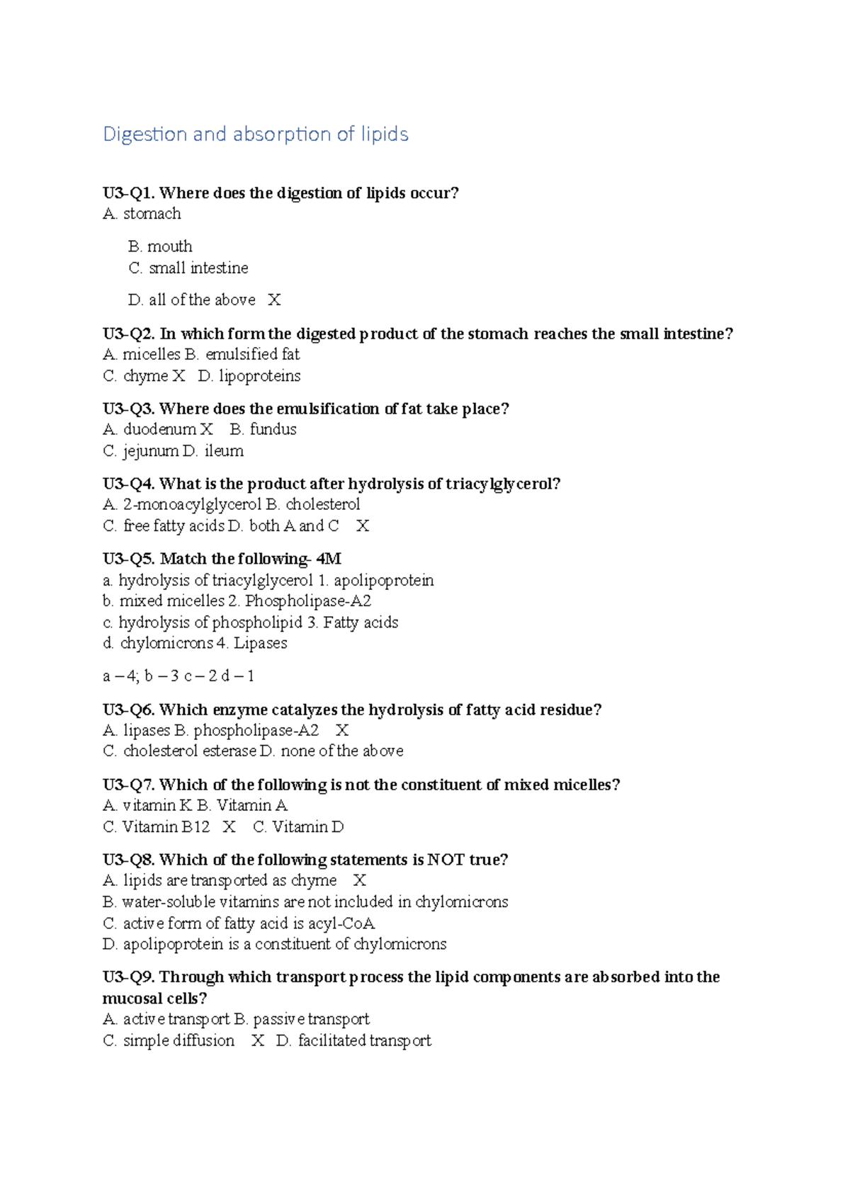 U3: Lipid Digestion and Absorption Practice Questions with Key - Studocu