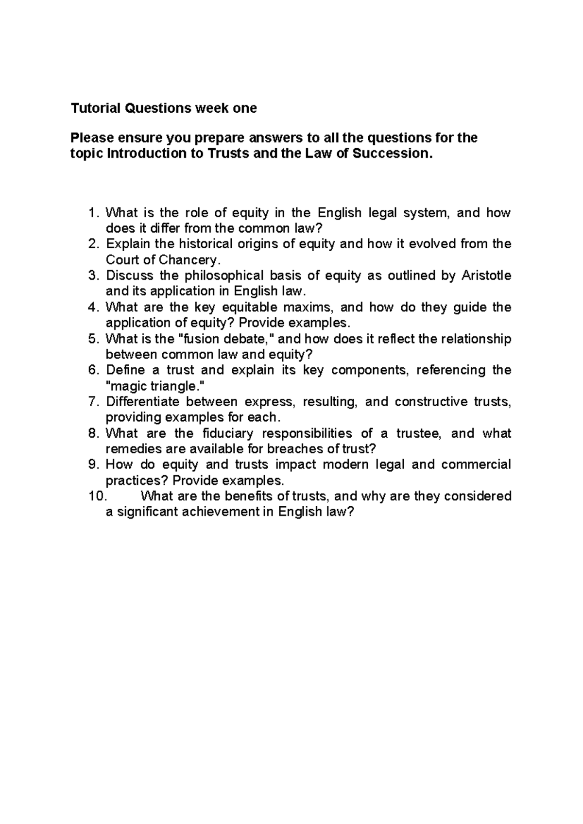 Tutorial Questions Week 1: Introduction to Trusts & Law of Succession ...