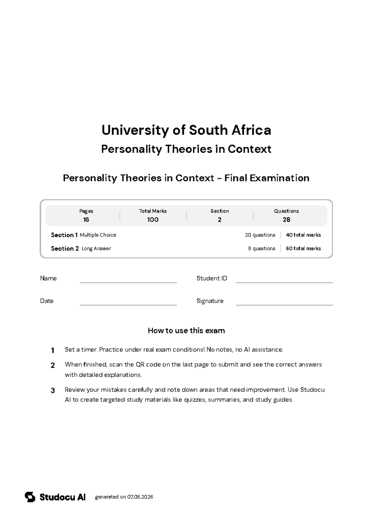 Personality Theories in Context - Final Exam - Studocu