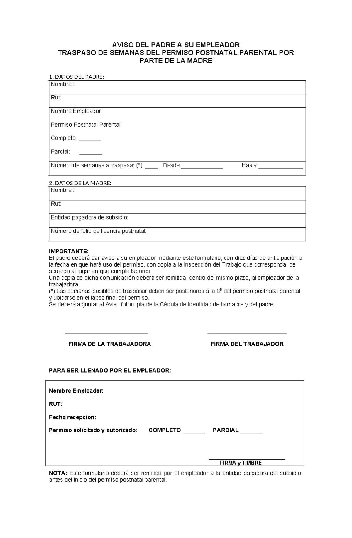 Modelo de Carta para Traspaso de Permiso Postnatal Parental - Studocu