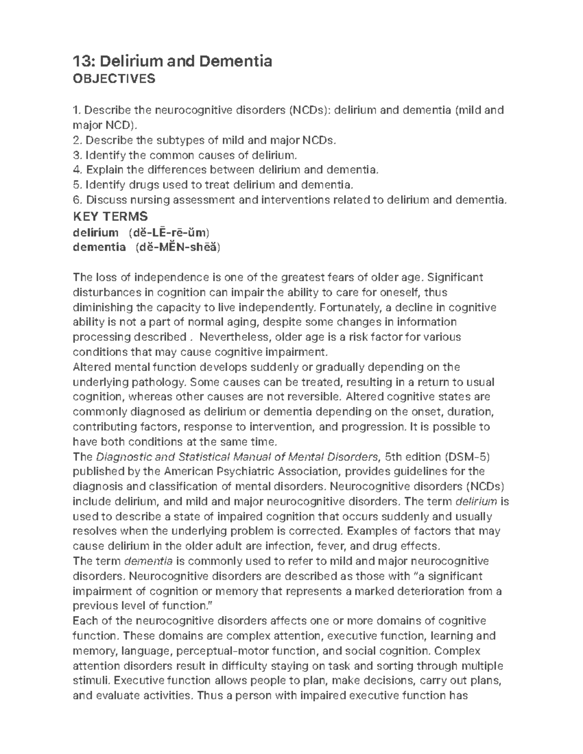 13: Delirium and Dementia: Comprehensive Study Notes - Studocu