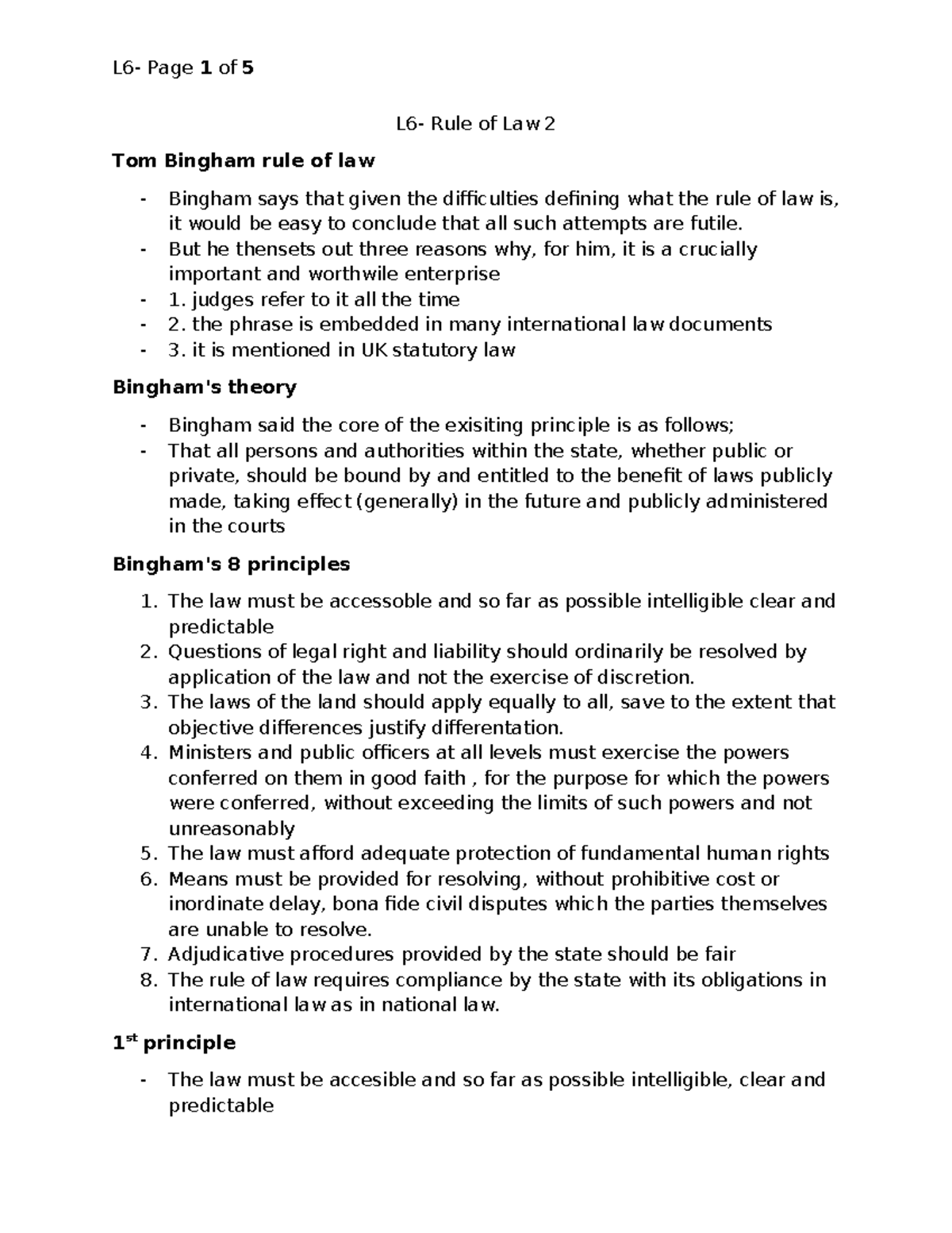 L6 - Rule of Law 2: Insights from Tom Bingham's Principles - Studocu