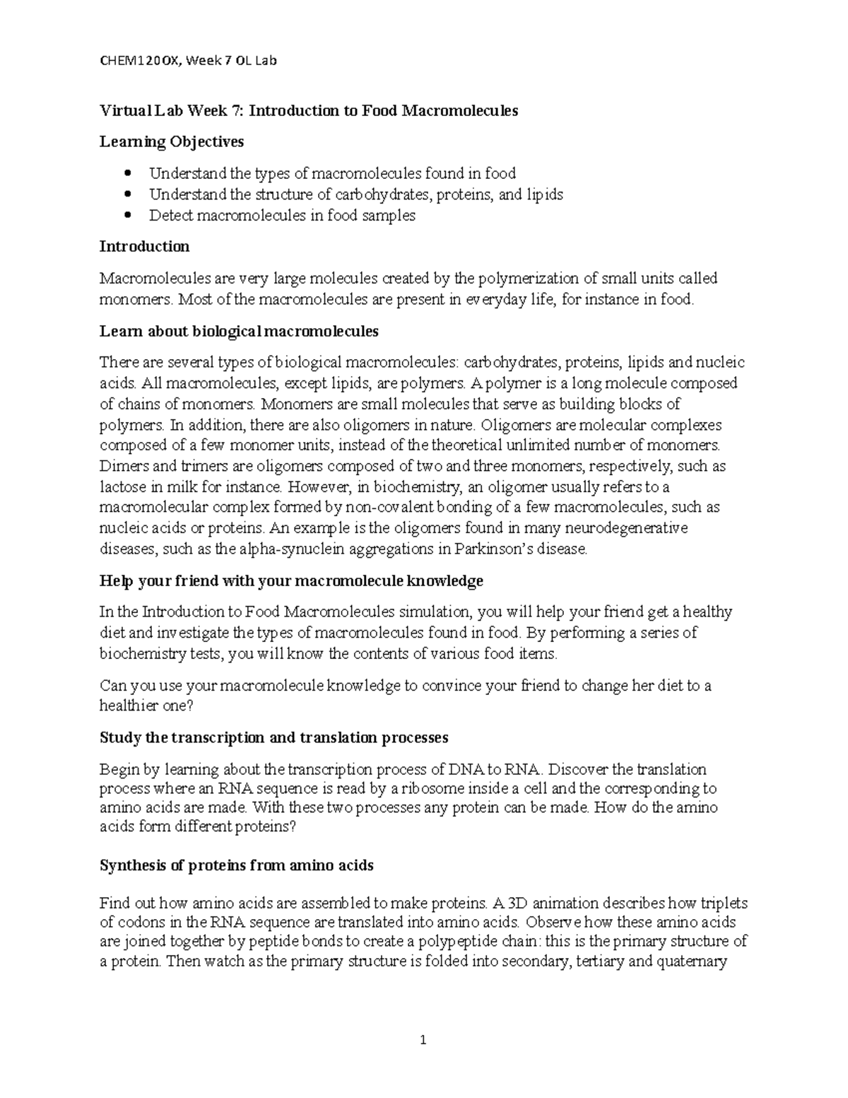Week 7 Lab-Introduction to Food Macromolecules and Protein Synthesis - Virtual Lab Week 7: - Studocu