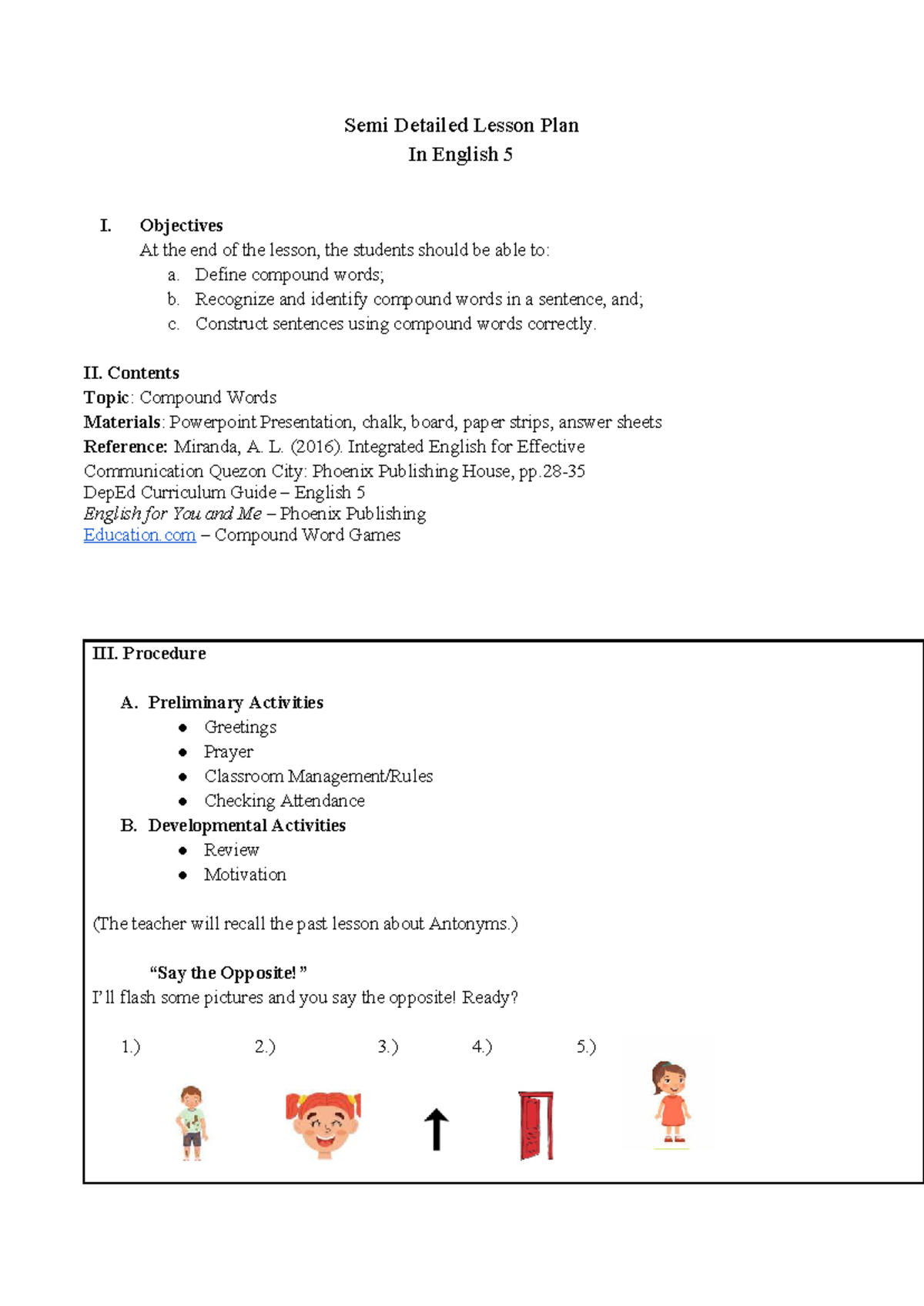 Detailed Lesson Plan on Compound Words for English 5 - Studocu