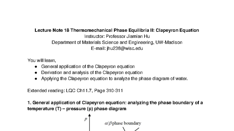 Lecture Note 18: Thermomechanical Phase Equilibria II - Clapeyron ...