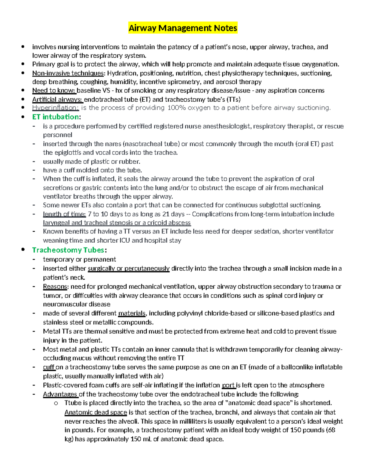Airway Management Study Notes (NURS 101) - Studocu