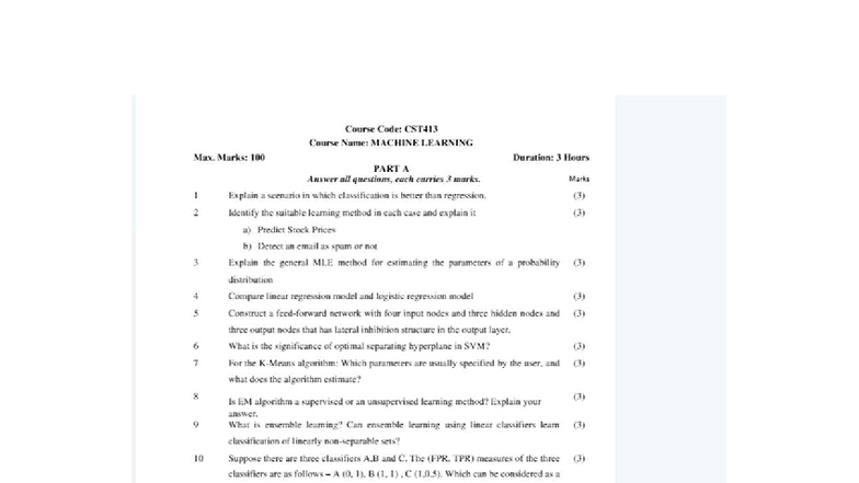 CST413 Machine Learning Final Exam Question Paper - Studocu
