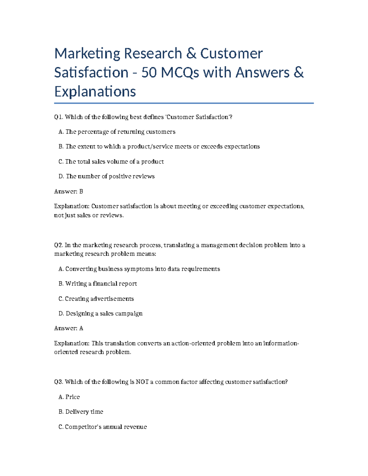 Marketing Research (MKT 101) Customer Satisfaction: 50 MCQs & Answers - Studocu