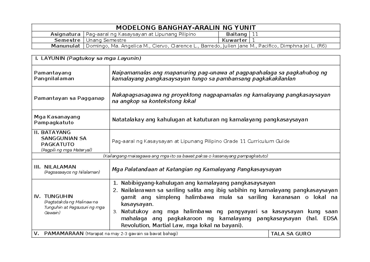 Lesson Exemplar: PKLP Grade 11 Q1 - Kamalayang Pangkasaysayan - Studocu