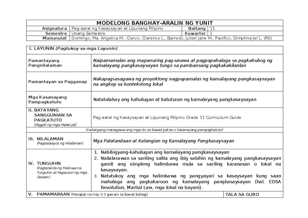 Lesson Plan Exemplar for PKLP Grade 11 Q1: History & Society - Studocu