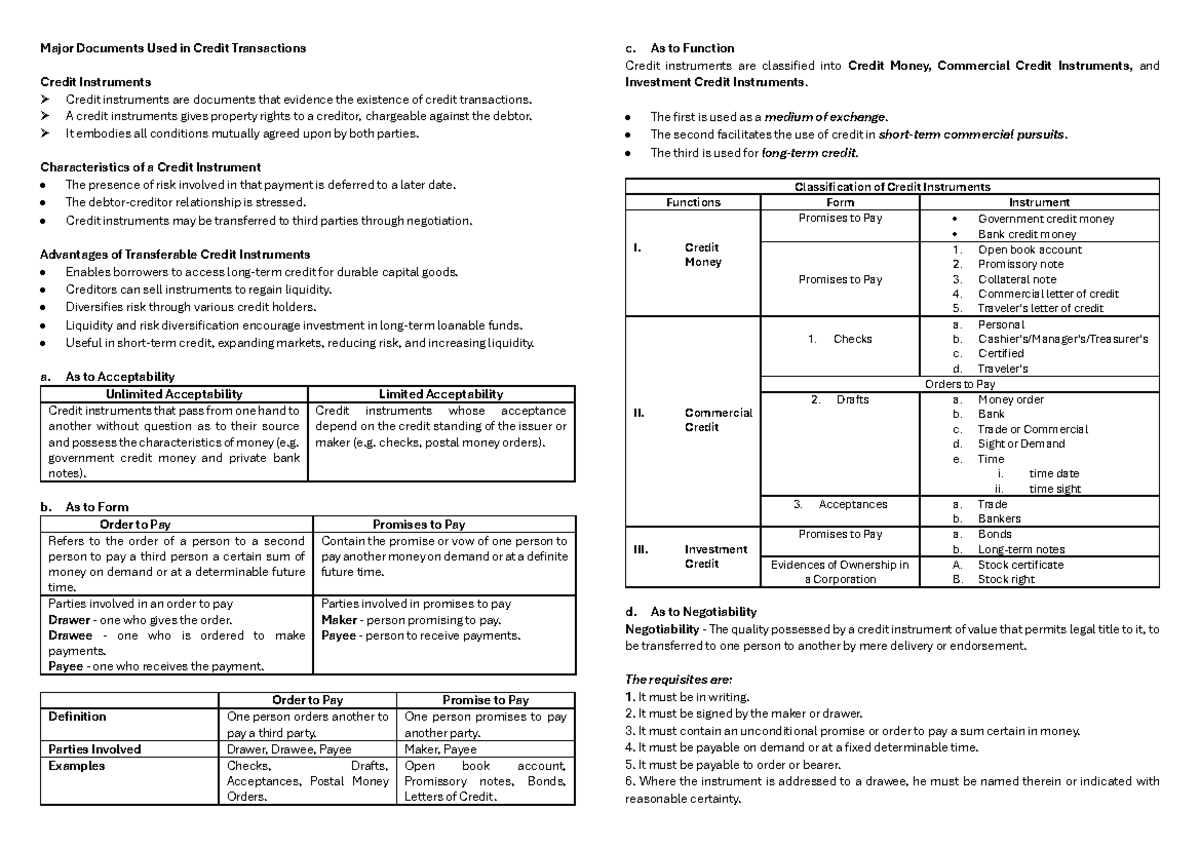 Major Credit Instruments in Transactions - CC - Studocu