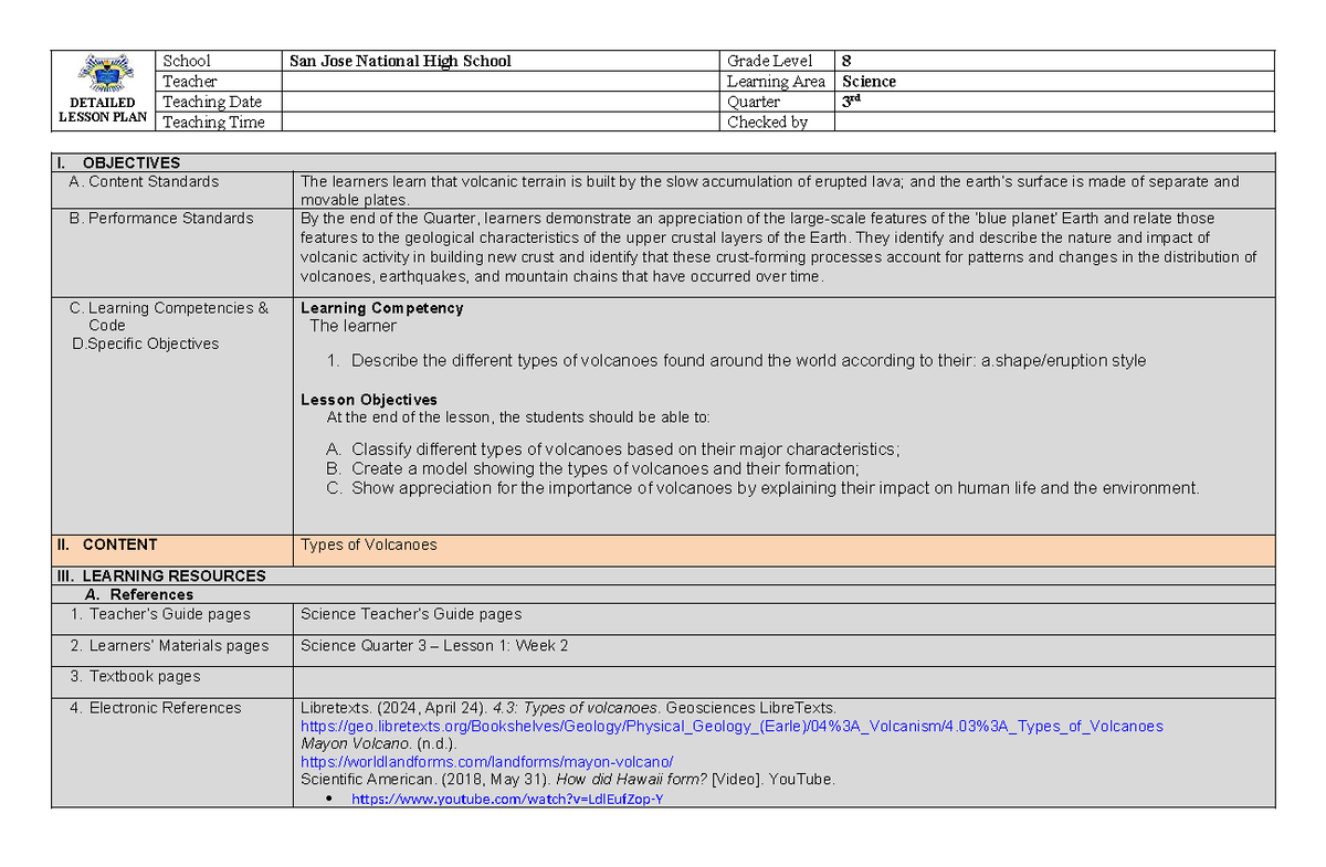DETAILED LESSON PLAN: Types of Volcanoes for Grade 8 Science (3rd ...