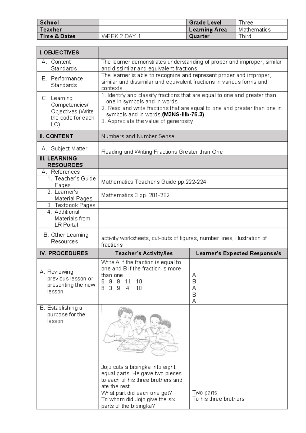 Grade 3 Math Lesson Plan: Understanding Fractions (Week 2, Day 1) - Studocu